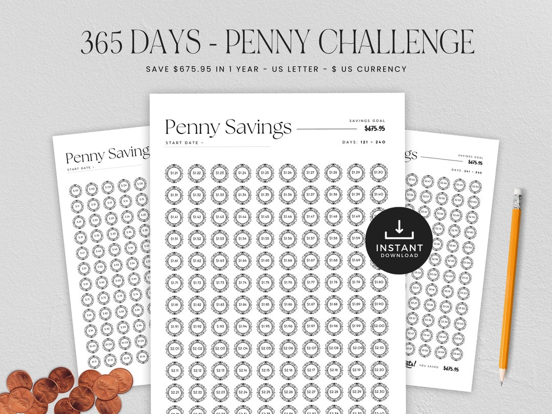 Penny Challenge Chart Printable, 365 Days Penny Savings Tracker, 52 ...