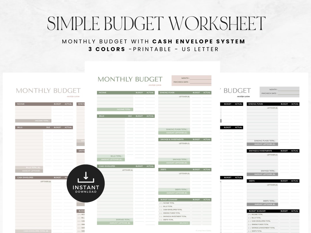 Simple Budget Worksheet Printable, Monthly Budget, Paycheck Budget ...