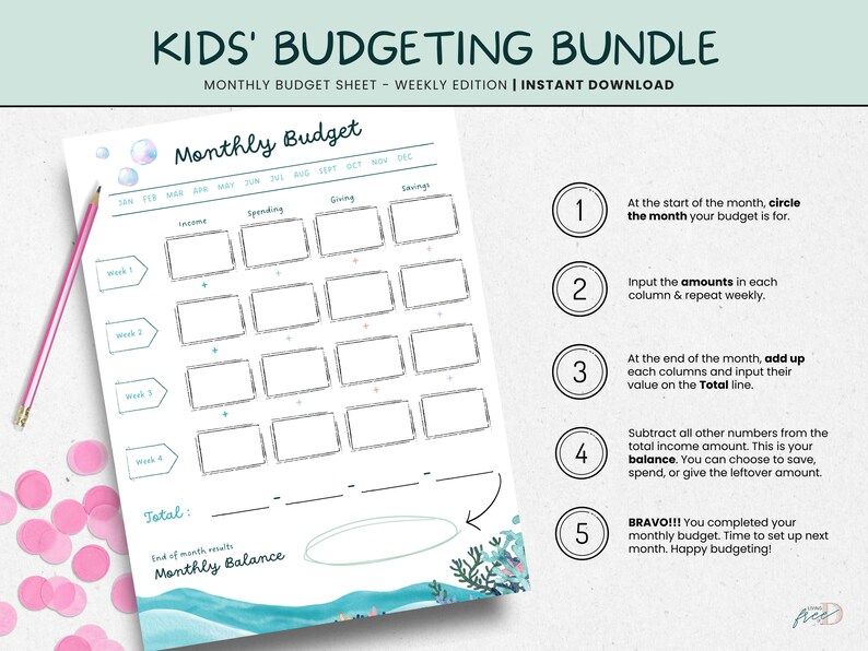 Kids Budgeting Printables Set, Cash Envelopes With Transaction Tracker ...
