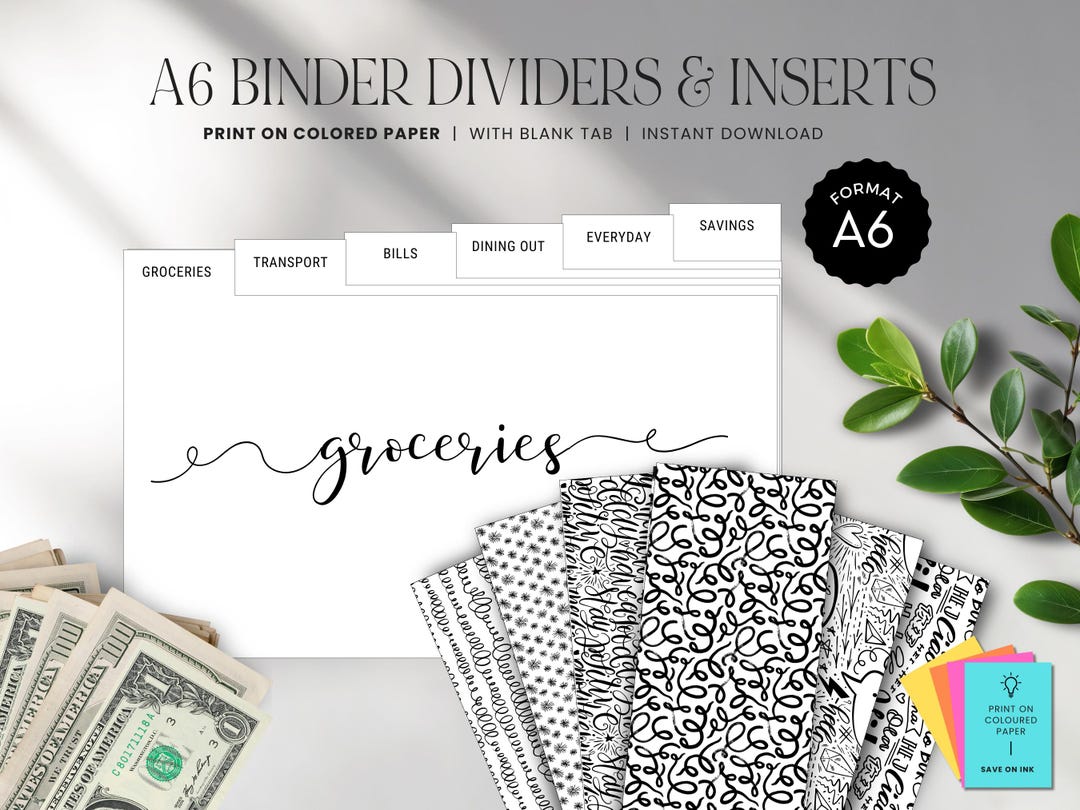 A6 Binder Cash Tab Dividers and Inserts, Minimalist Money Organizer ...