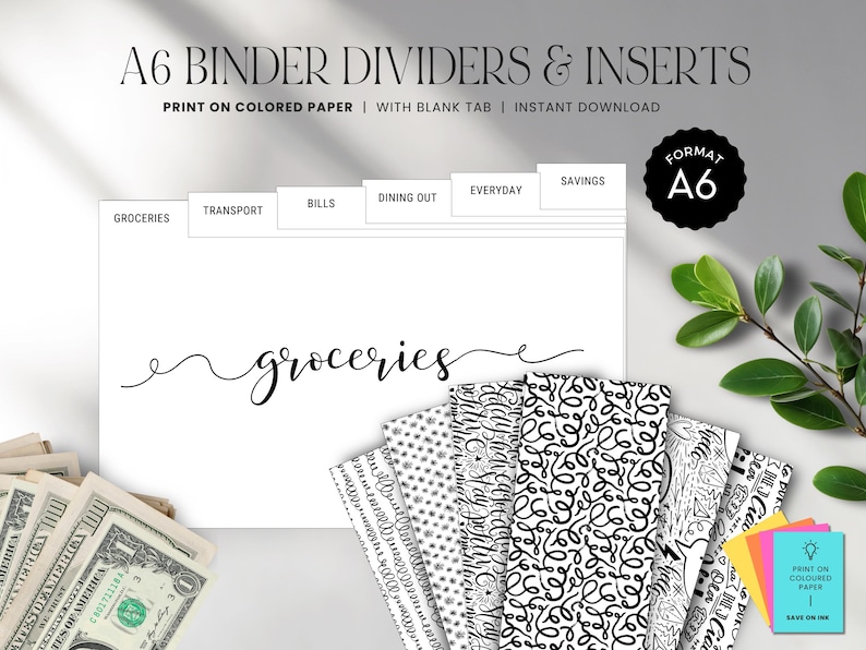 A6 Binder Cash Tab Dividers and Inserts, Minimalist Money Organizer ...