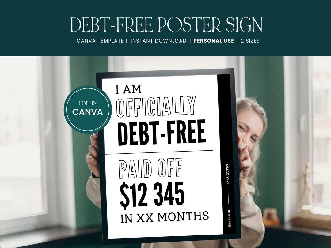 Debt Free Poster, Editable Canva Debt Payoff Template, Debt-free ...