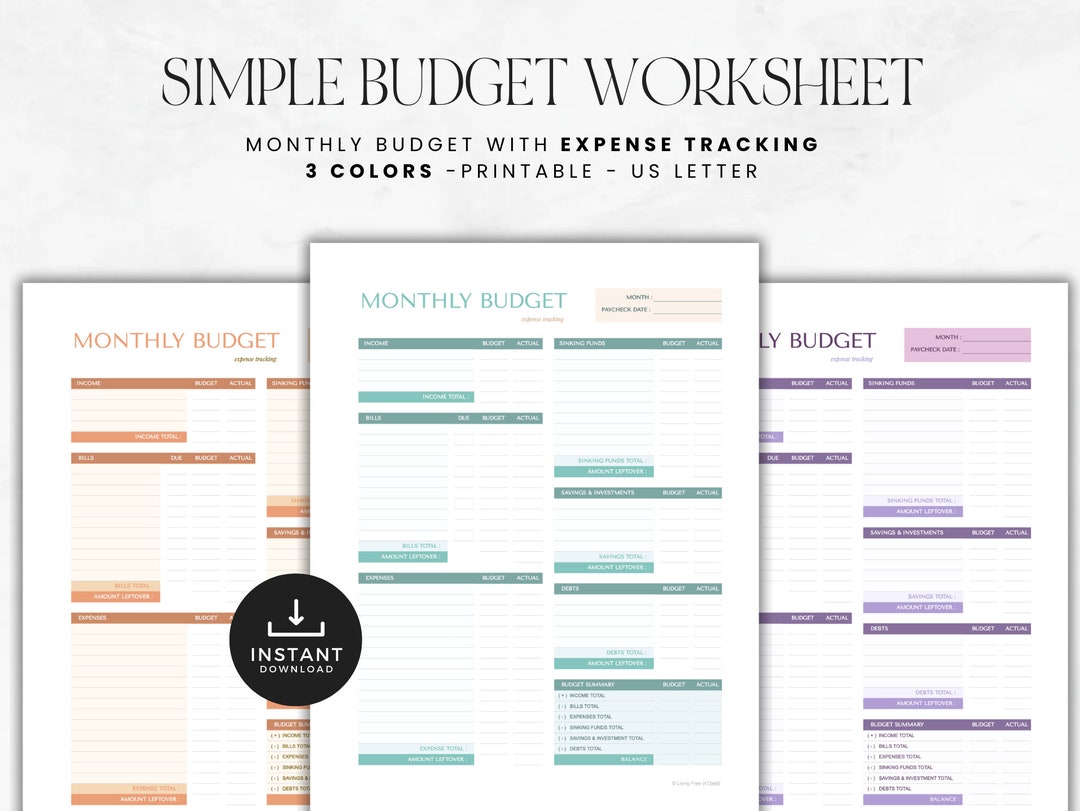 Simple Budget Worksheet Printable, Monthly Budget, Paycheck Budget ...