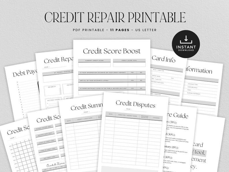 Credit Repair Printable Set, Credit Score Trackers, Money Goals, Debt ...
