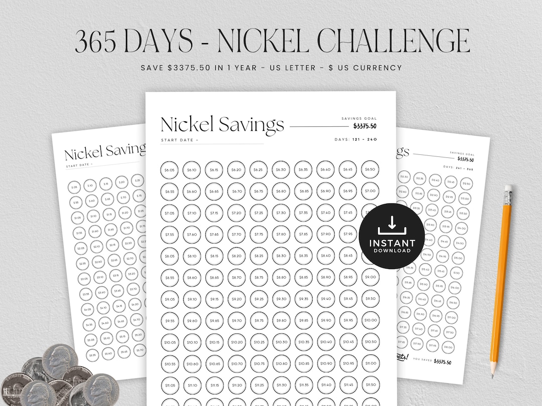 Nickel Savings Challenge, 365 Days Nickel Savings Tracker, 52wk Coin ...