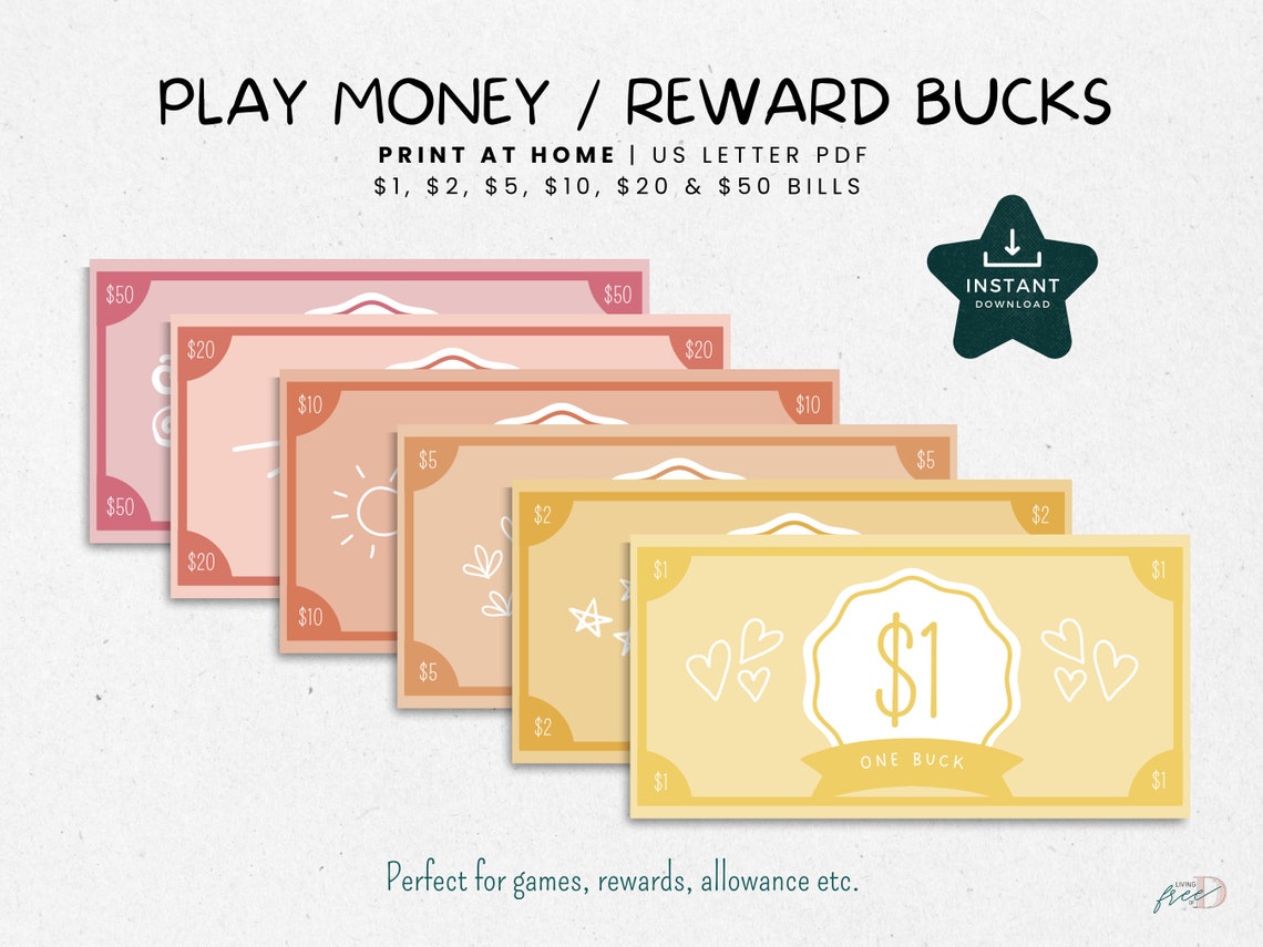 Play Money for Kids, Reward Bucks Printable, Money Games Kids, Chore ...