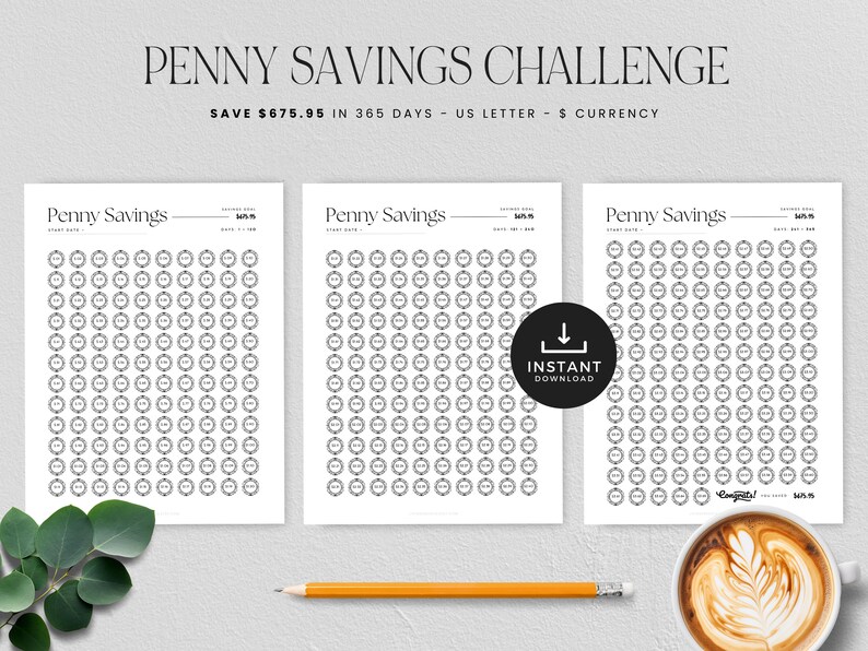 Penny Challenge Chart Printable, 365 Days Penny Savings Tracker, 52 ...