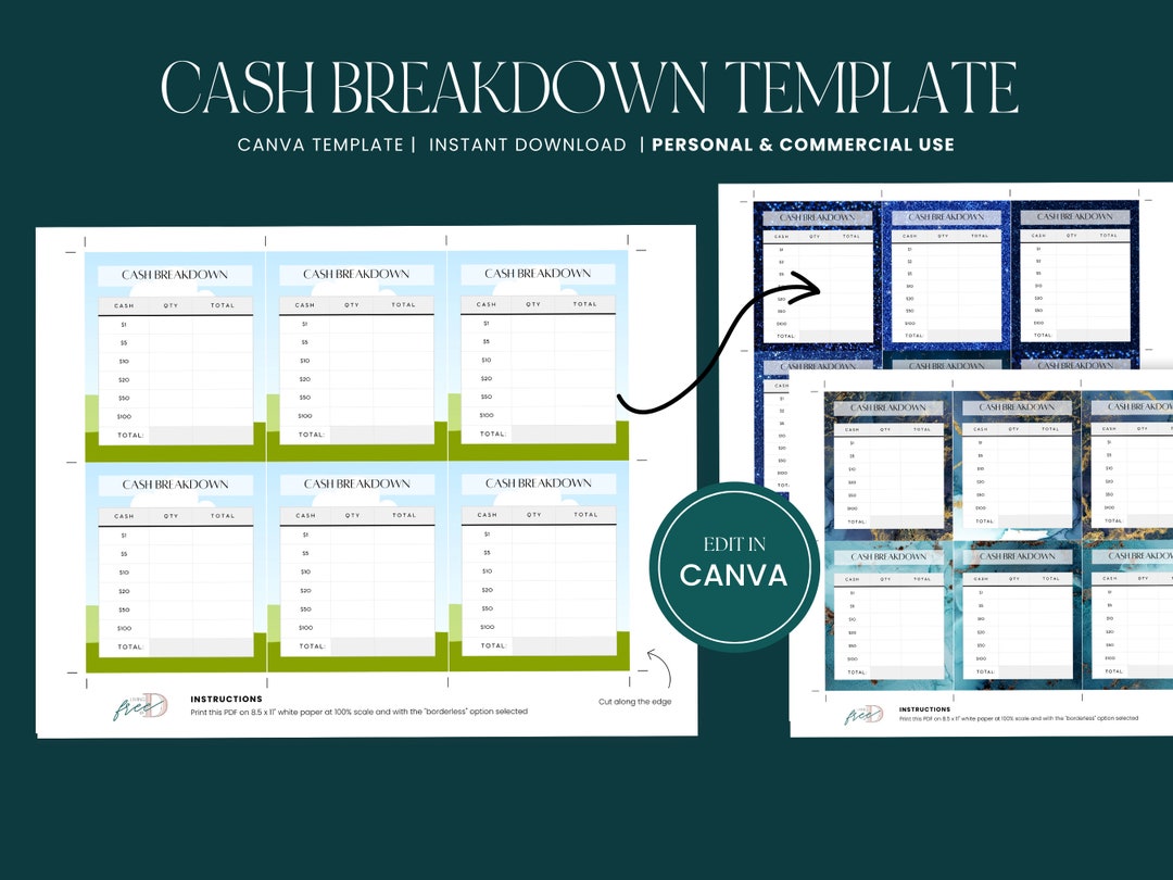 Cash Breakdown Slips Canva Template, Editable Cash Counting Tracker ...