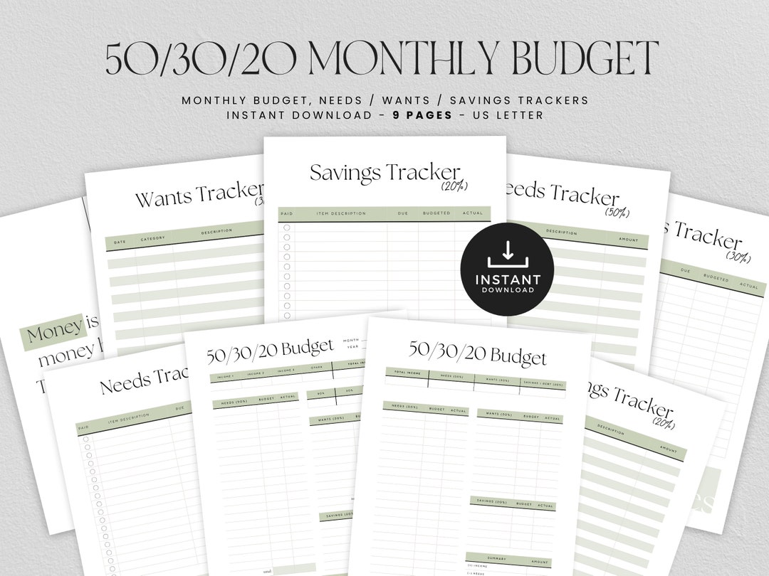 50 30 20 Budget Printable, Monthly Budget Planner, 50/30/20 Worksheet ...