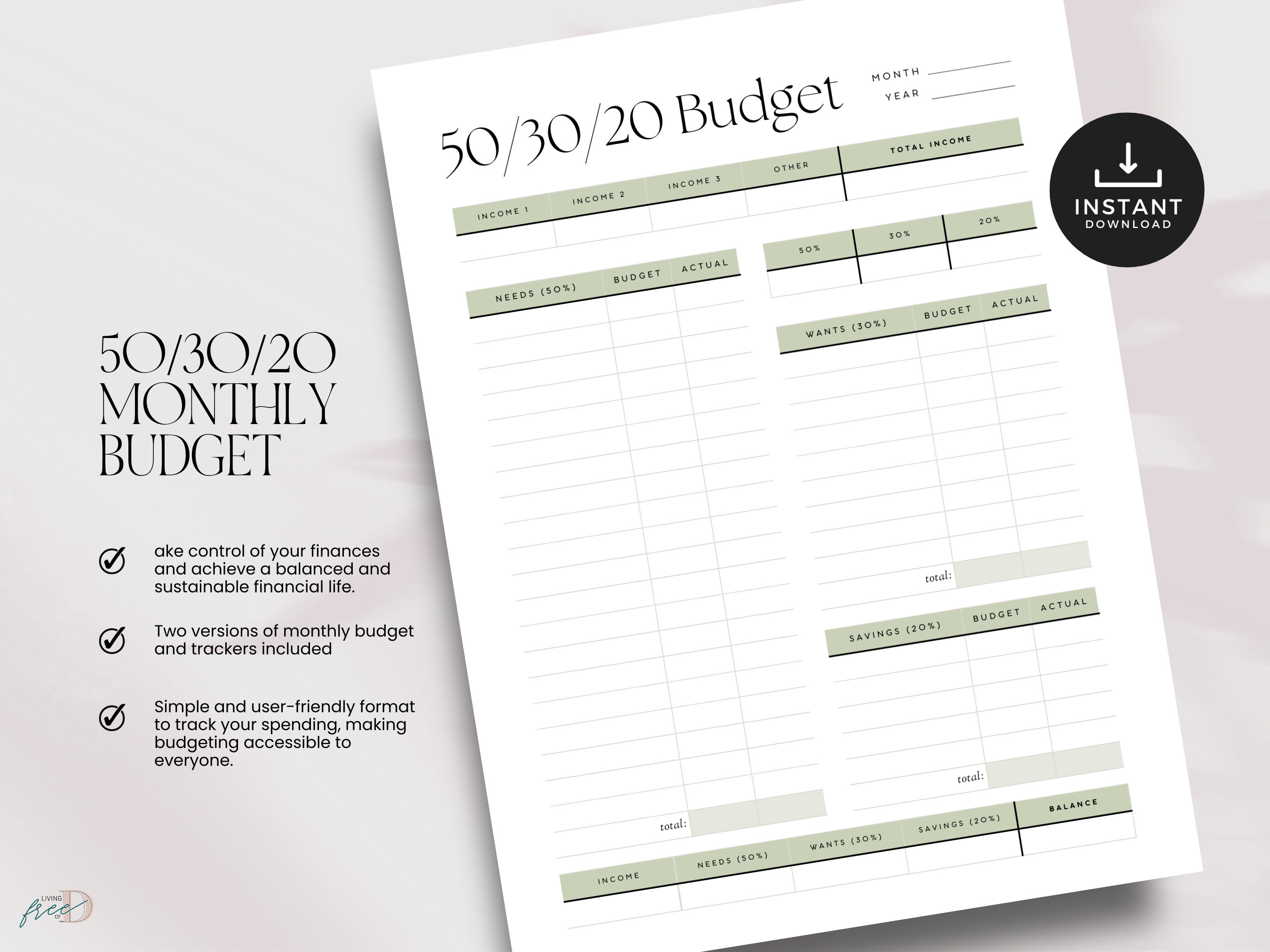 50 30 20 Budget Printable, Monthly Budget Planner, 50/30/20 Worksheet ...