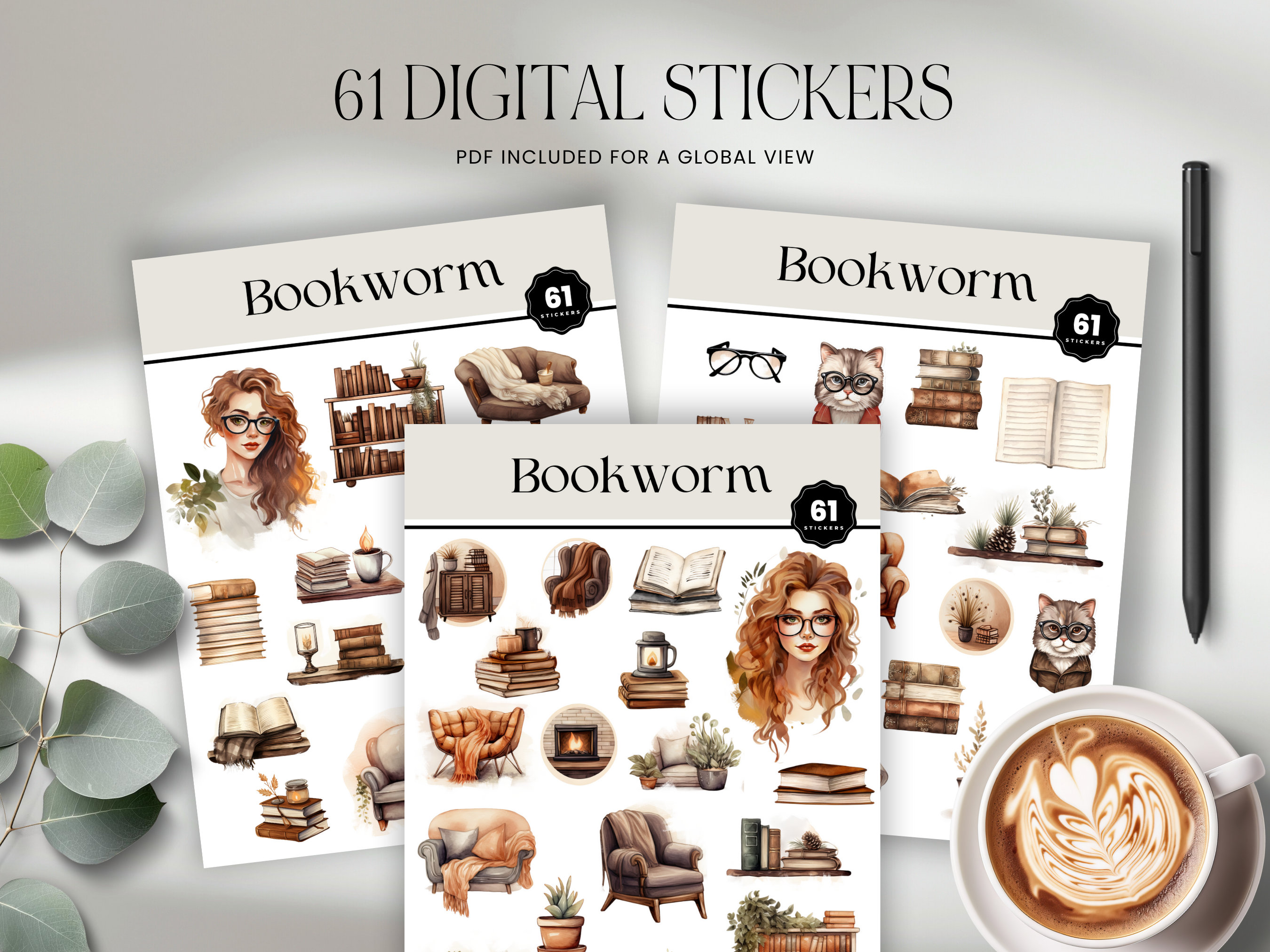 Bookworm Digital Stickers, Book Clipart Digital Stickers, Reading Pre ...