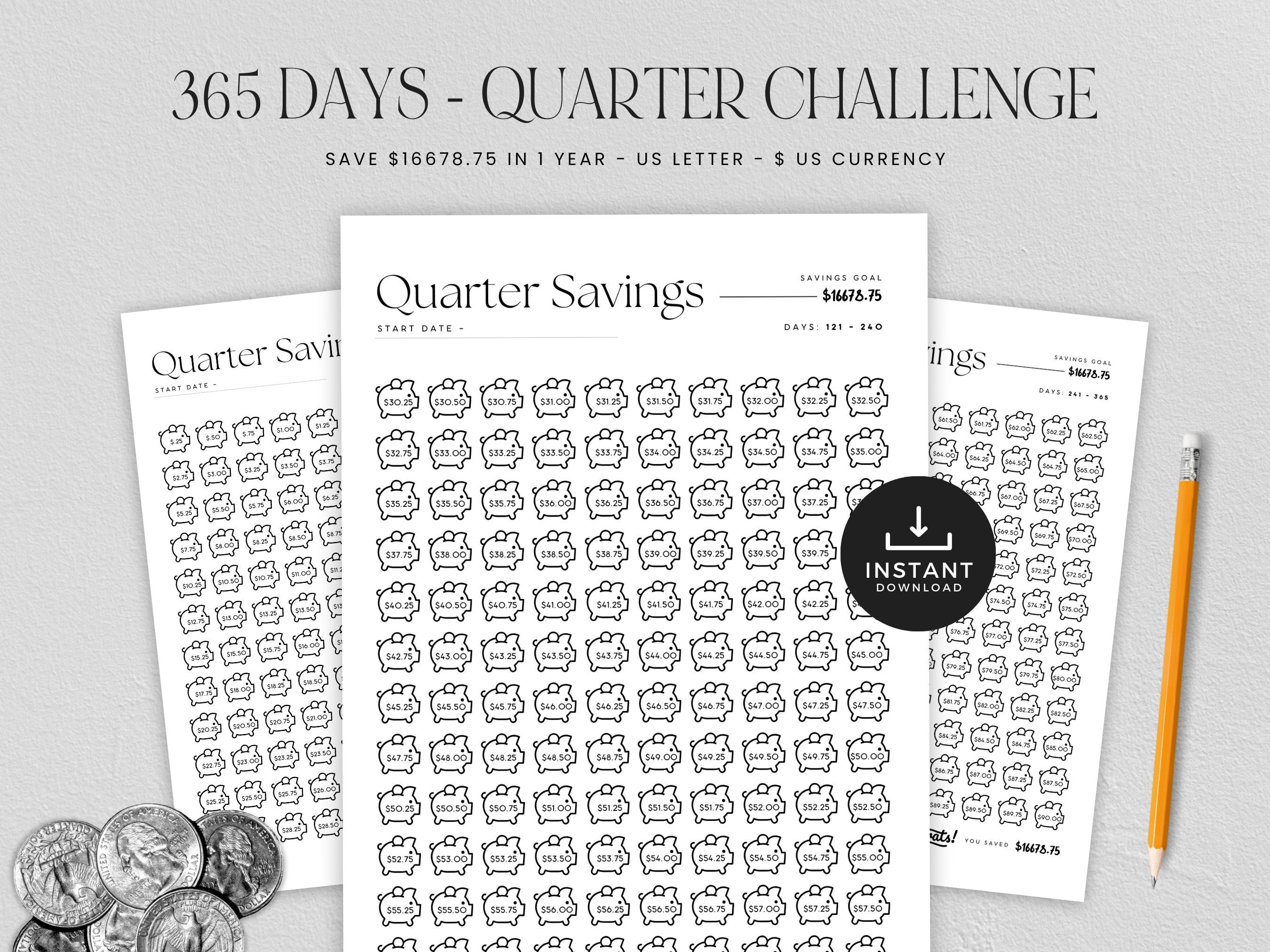 365 Days Savings Challenge, Quarter Challenge Chart Printable, 365 Days ...