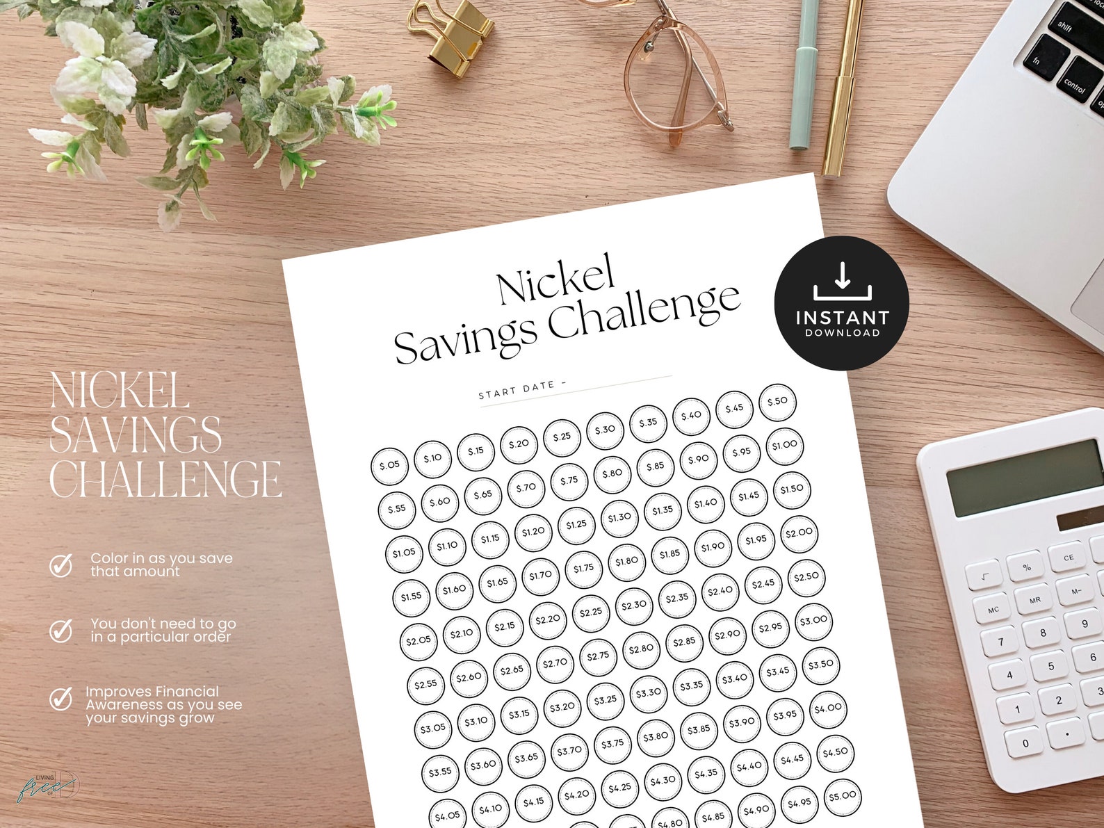 Savings Challenge to Color, Nickel Savings Challenge Printable, Coin ...