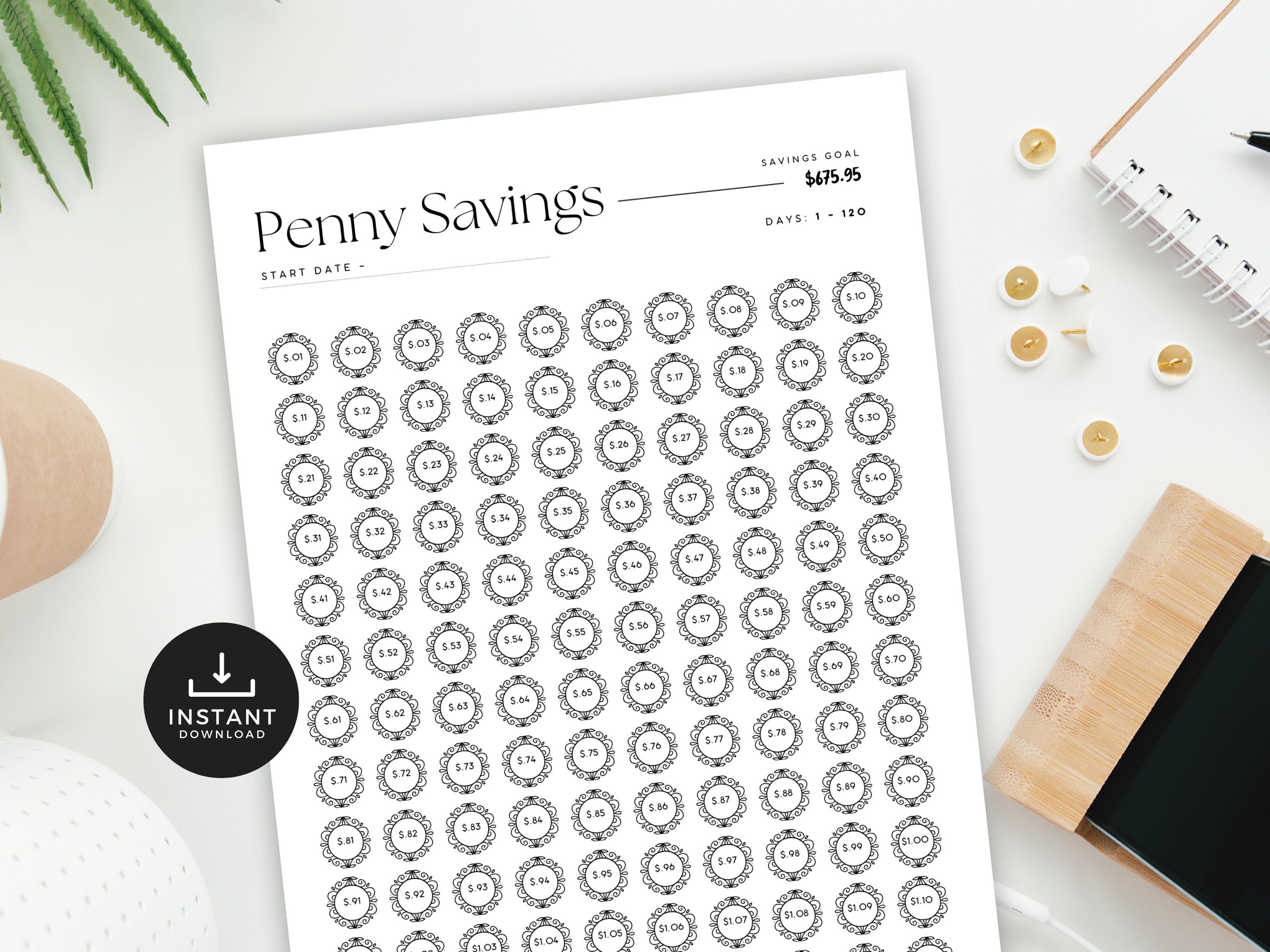 Penny Challenge Chart Printable, 365 Days Penny Savings Tracker, 52 ...