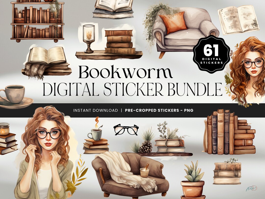 Bookworm Digital Stickers, Book Clipart Digital Stickers, Reading Pre ...
