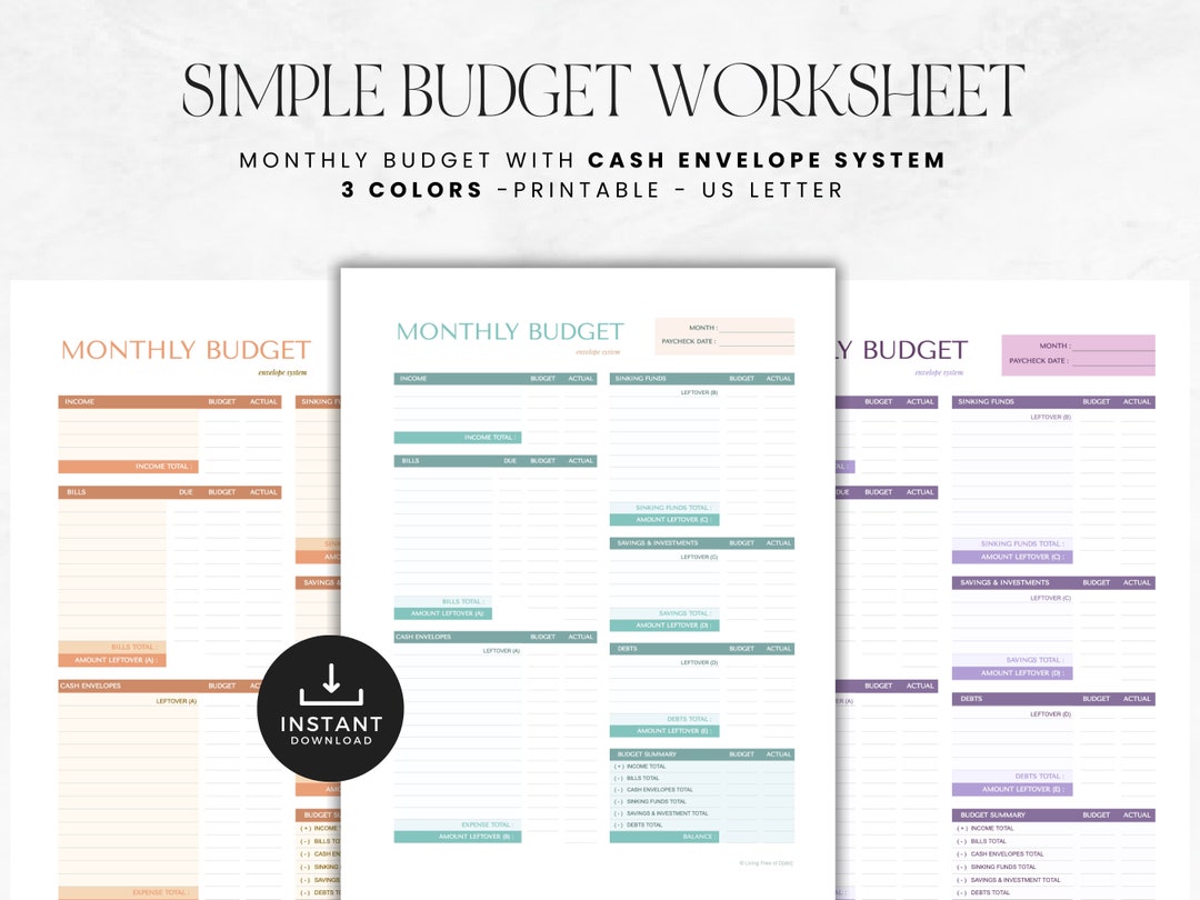Simple Budget Worksheet Printable, Monthly Budget, Paycheck Budget ...