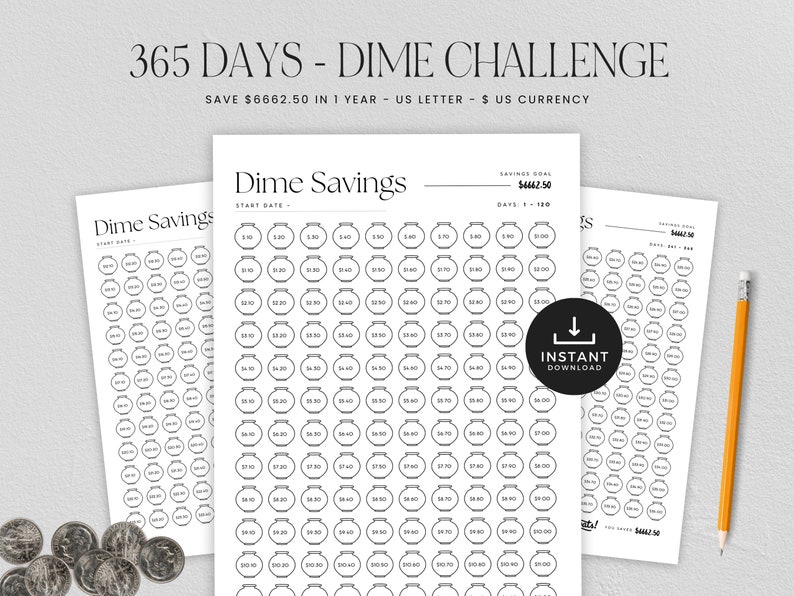 365 Days Savings Challenge, Dime Challenge Chart Printable, 365 Days ...