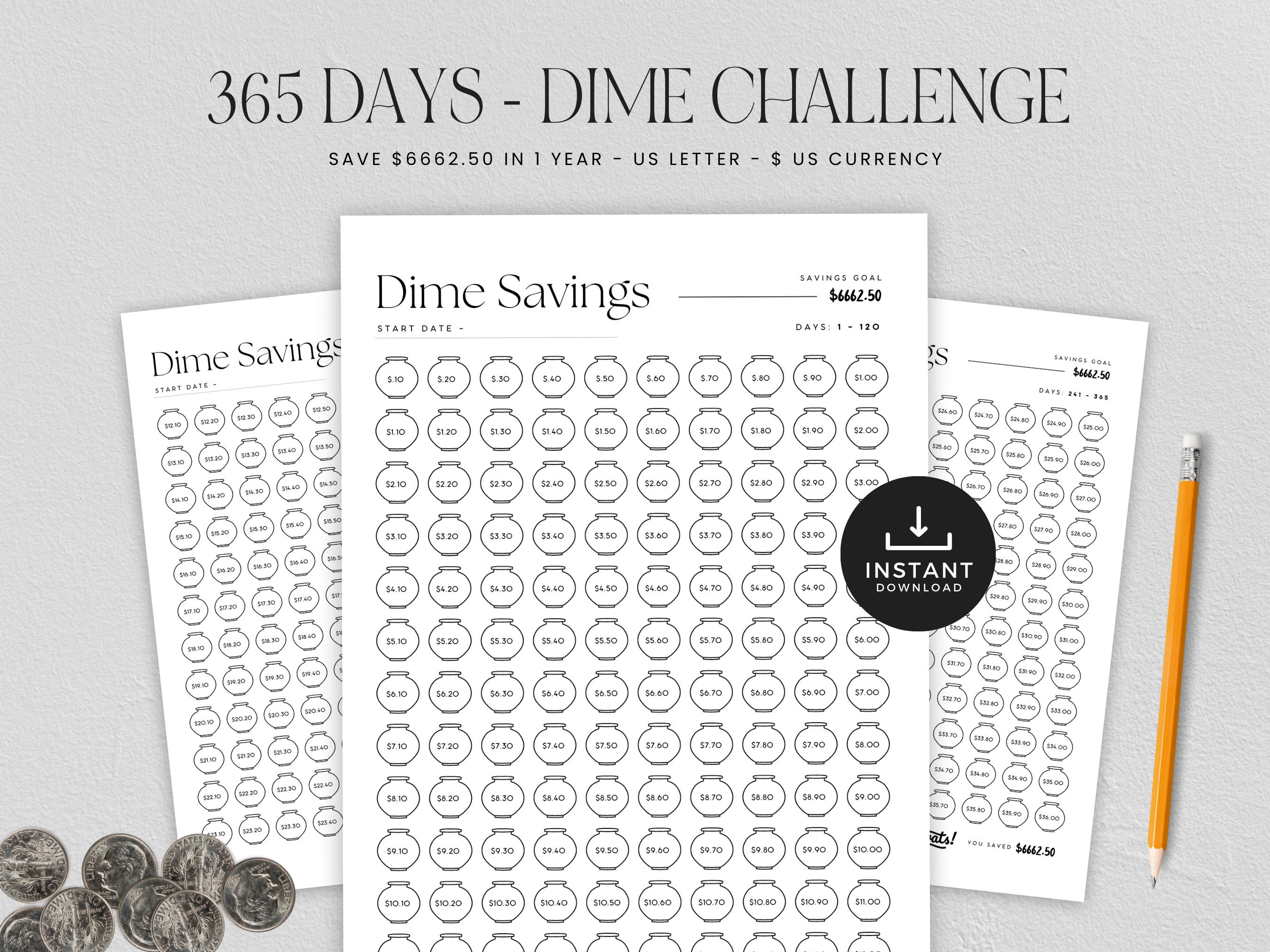 365 Days Savings Challenge, Dime Challenge Chart Printable, 365 Days ...