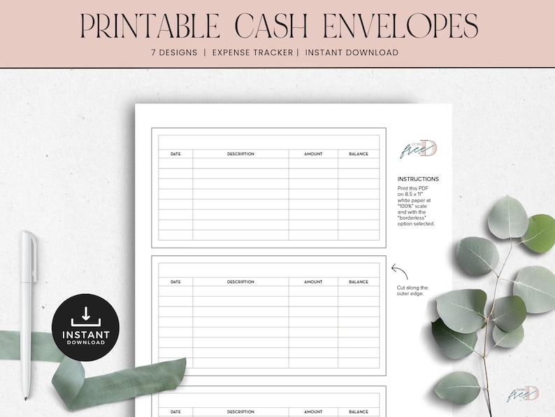 Cash Envelope Printable With Transaction Tracker Horizontal - Etsy