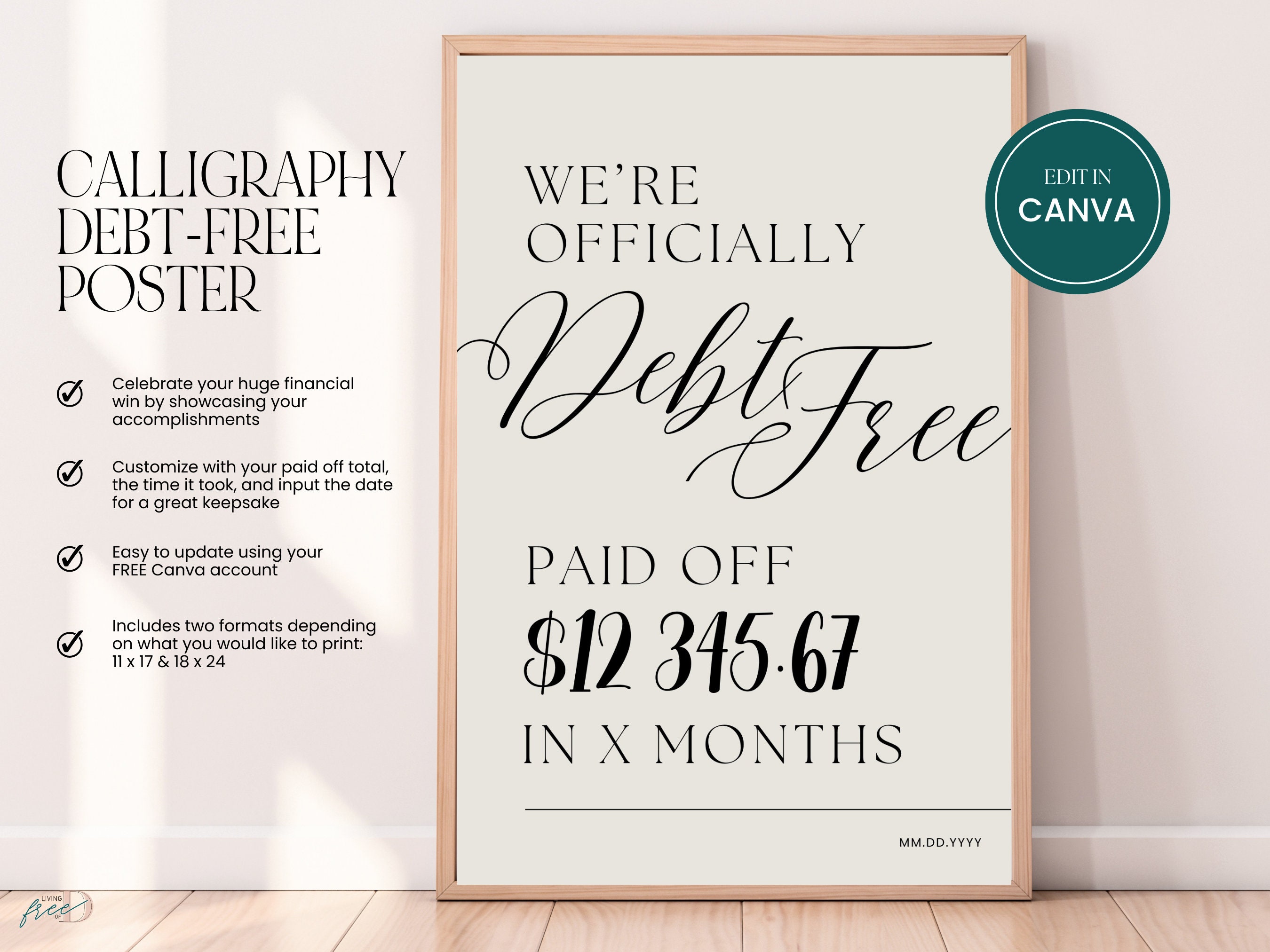 Debt Free Poster, Editable Canva Debt Payoff Template, Debt-free ...