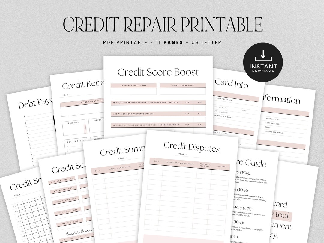 Credit Repair Printable Set, Credit Score Trackers, Money Goals, Debt ...