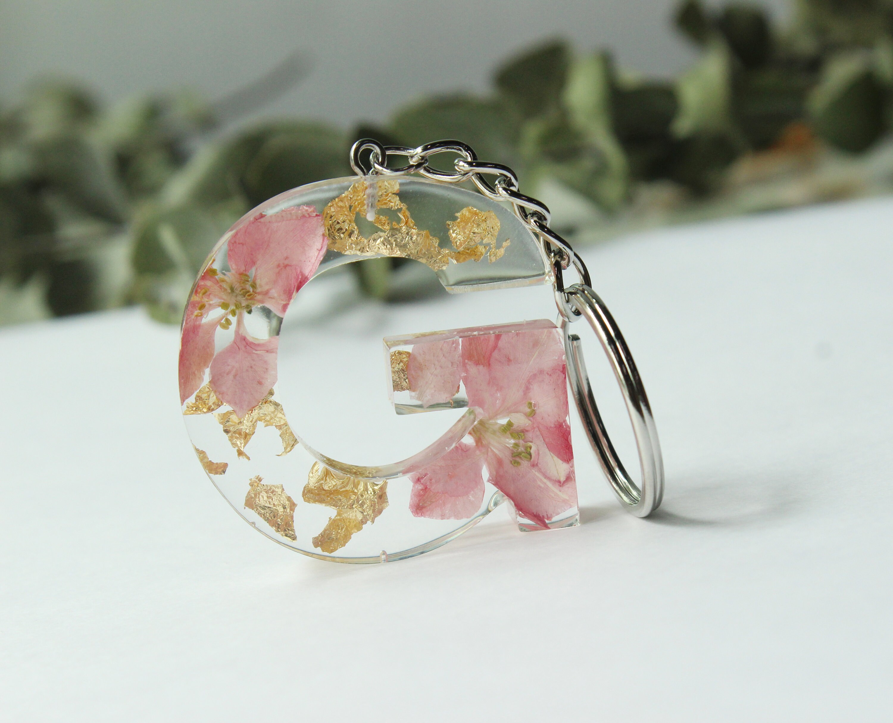 Resin Gold Leaf Real Flower Letter Initial Keychain, Pink Pressed ...