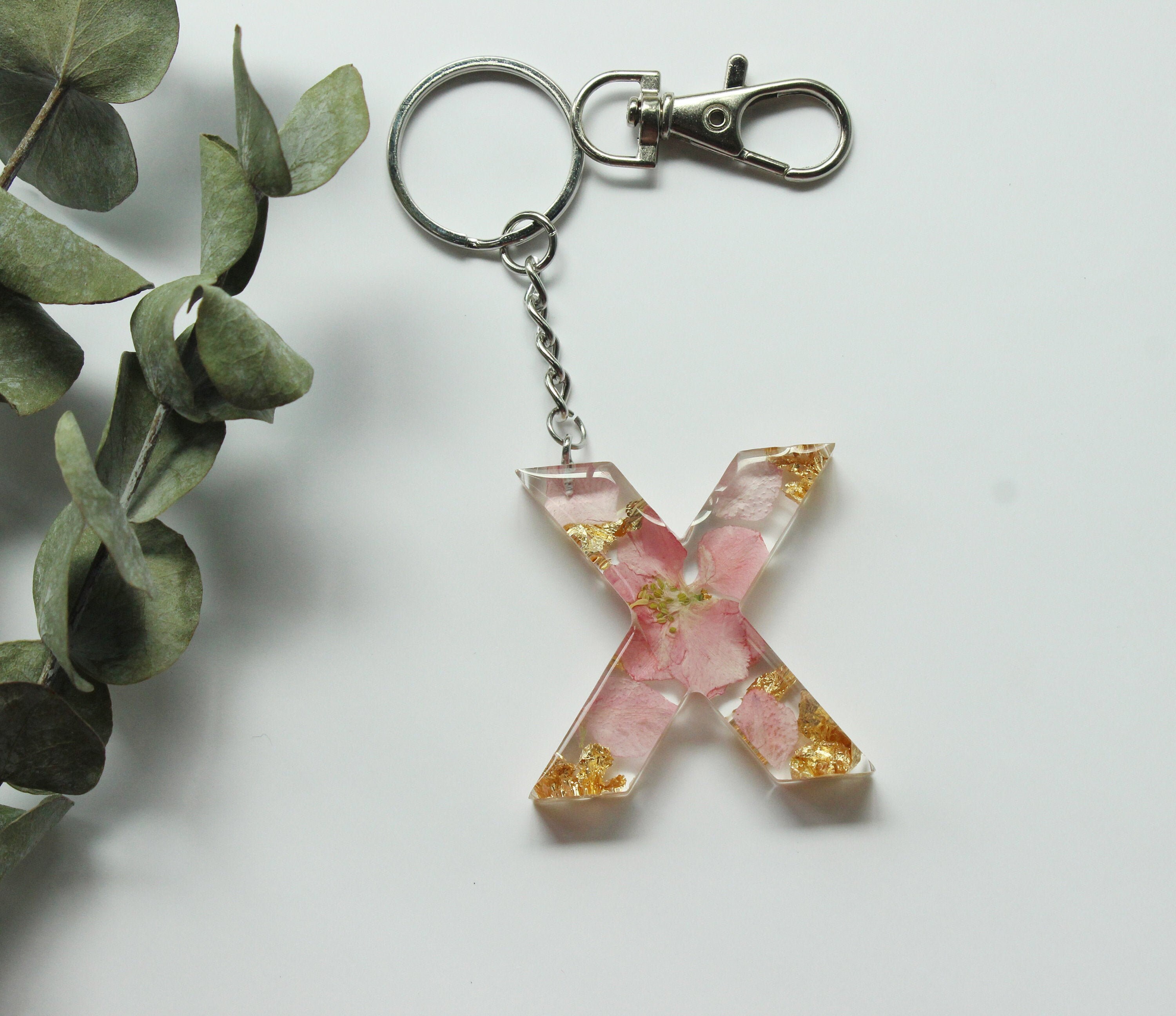 Resin Gold Leaf Real Flower Letter Initial Keychain, Pink Pressed ...