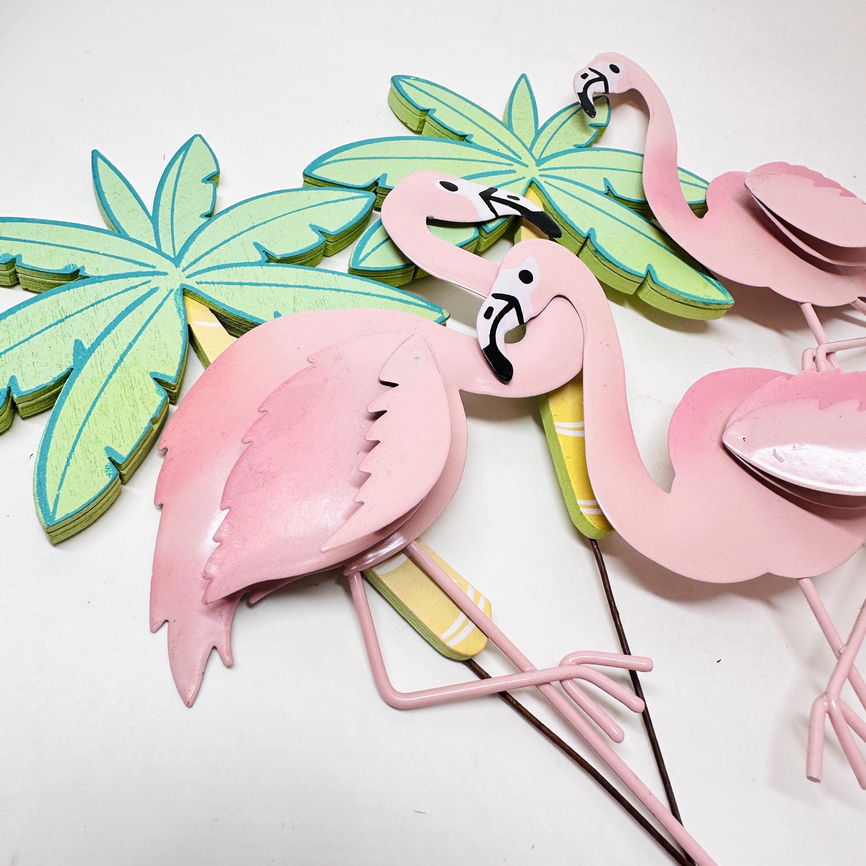Metal Pink Flamingo Palm Trees Wood Plant Stake Yard Decor 12” Tiki ...