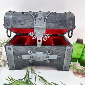 Vintage Wood Black Pirate Treasure Chest Red Velvet Lining Jewelry Box ...