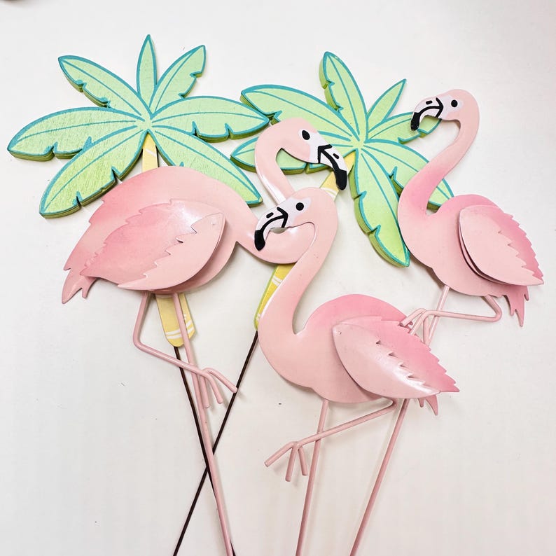 Metal Pink Flamingo Palm Trees Wood Plant Stake Yard Decor 12” Tiki ...