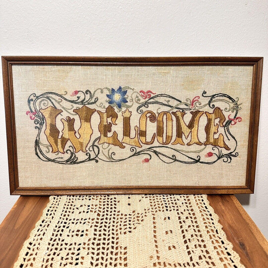 Vintage Needlepoint Cross Stitch Welcome Sign Handmade Picture Wall ...