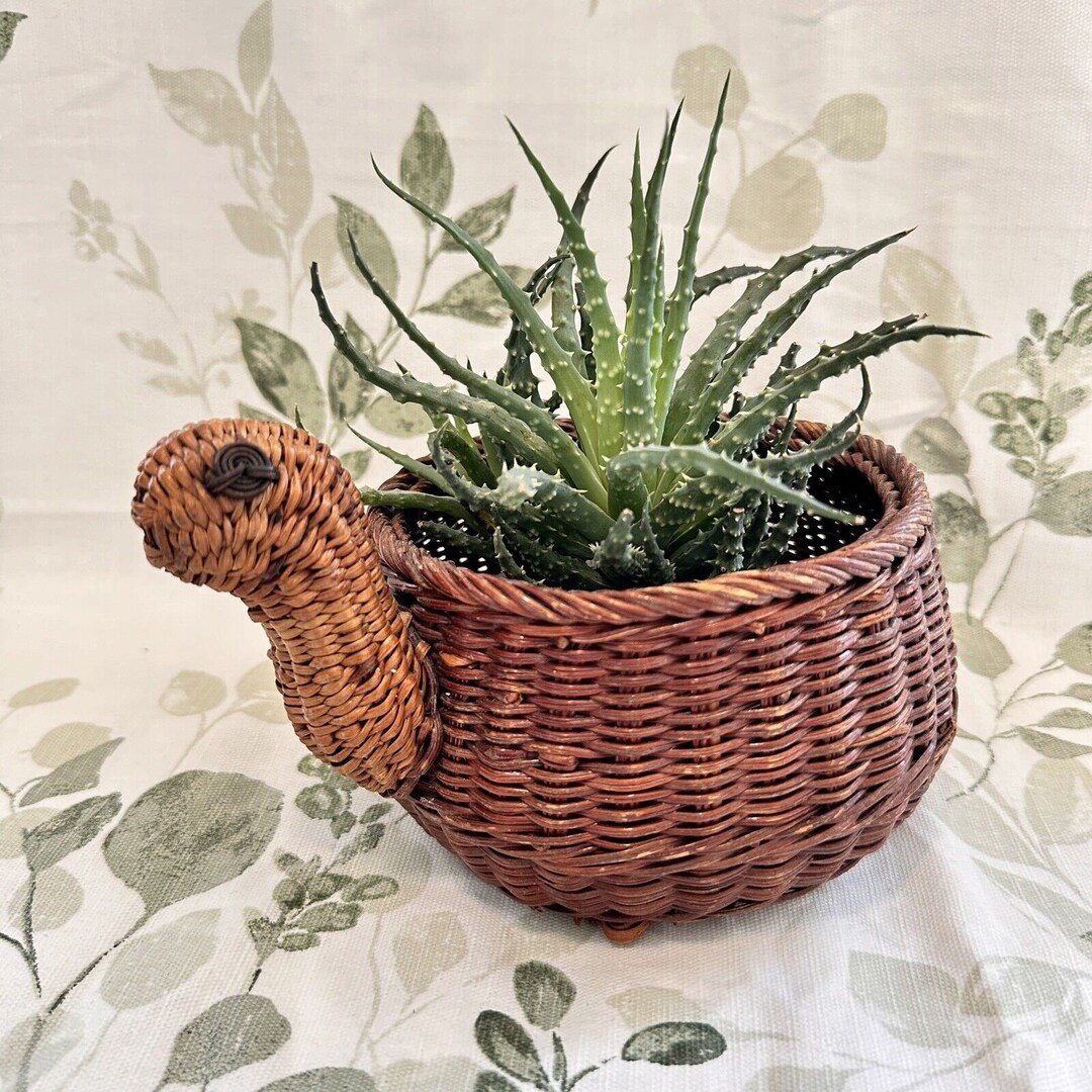 Vintage Wicker Turtle Planter Basket Rattan Cute Avon Boho Shelf Decor ...