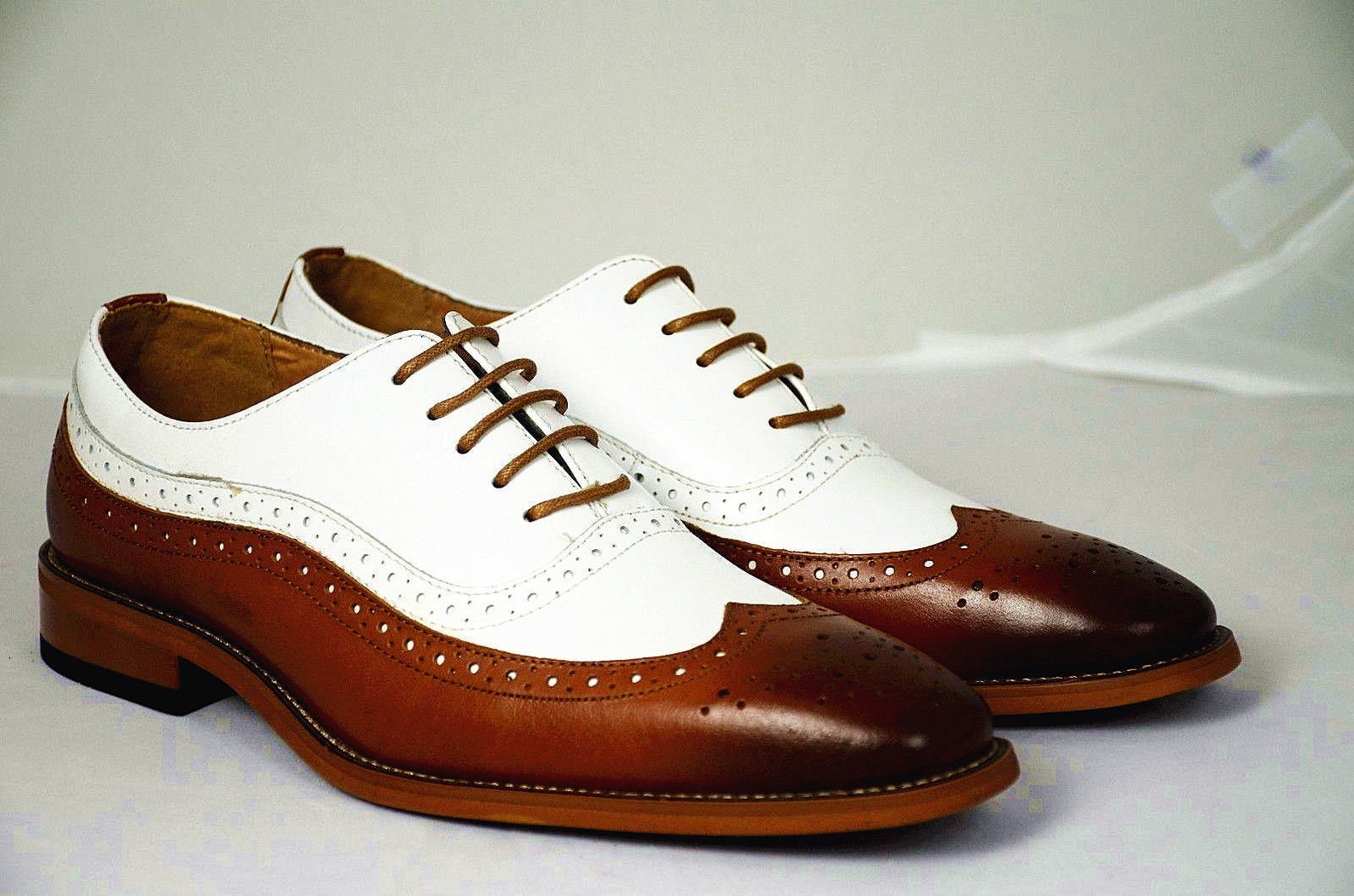 Handmade Mens Dress Leather Tan White Two Tone Wingtip Oxford | Etsy