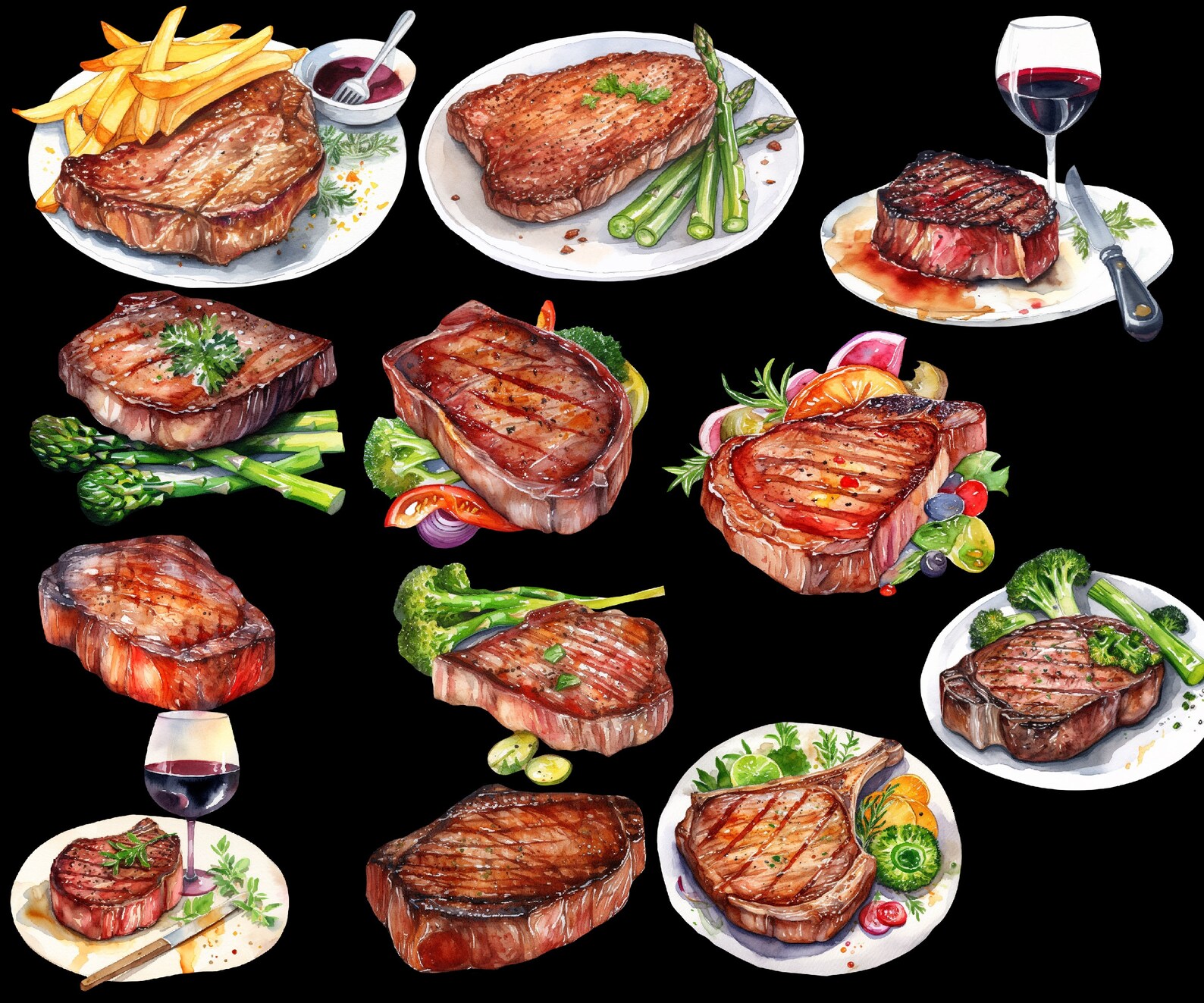 12 Grilled Steak Clipart, Watercolor Bbq Steak, Barbecue Meat Steak ...