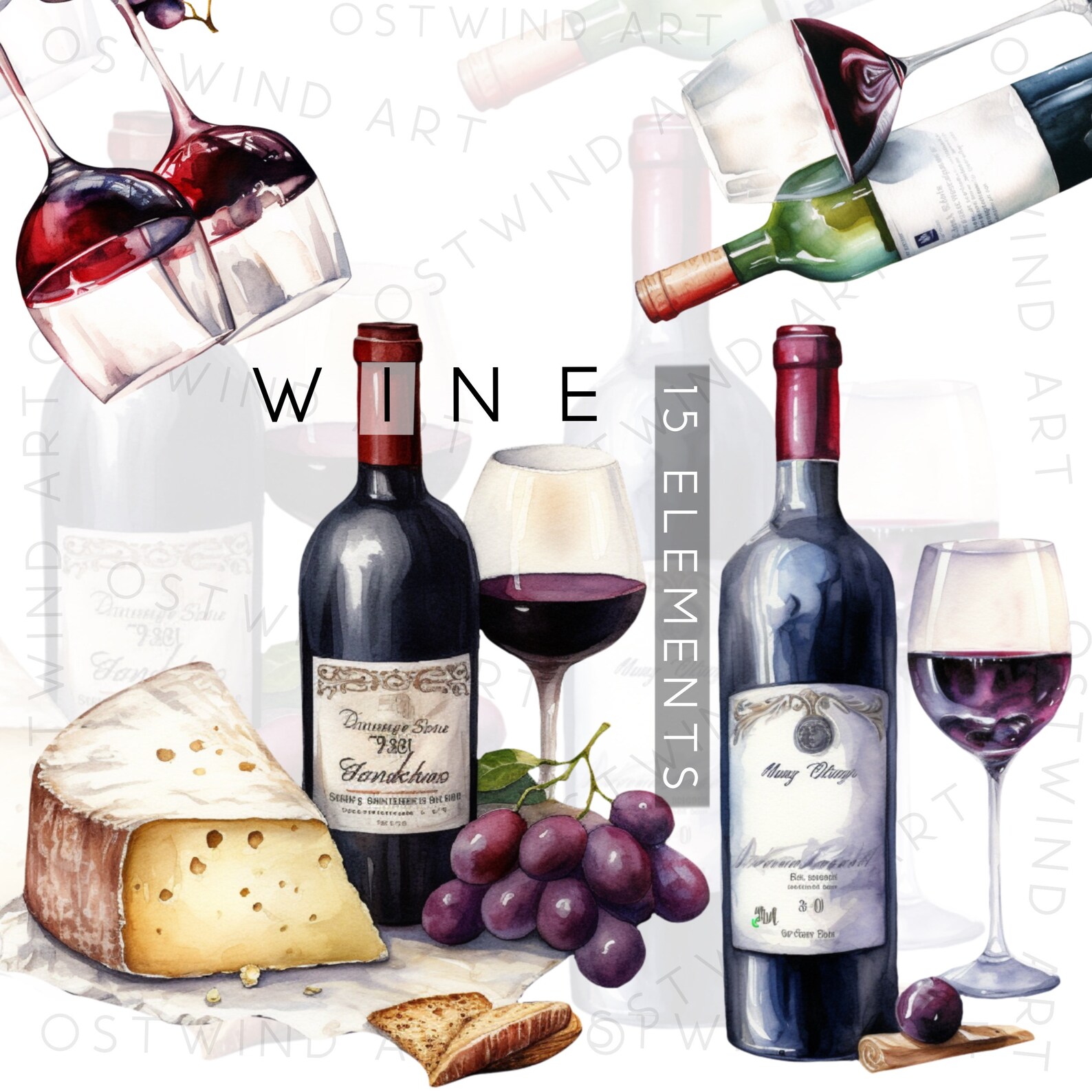 Set of 17 Watercolor Wine Clipart in Transparent Png Format. Alcolhol ...