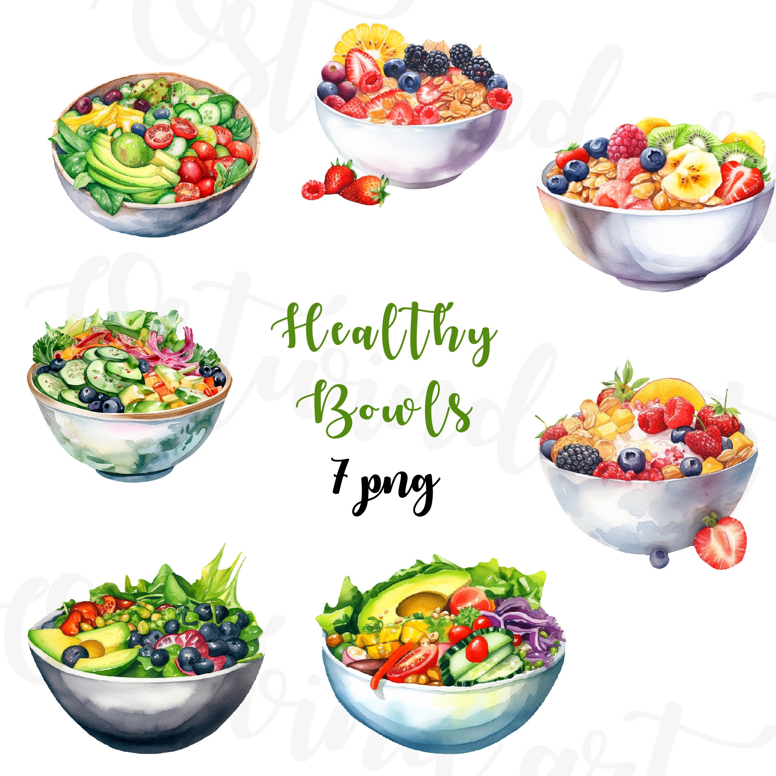 Watercolor Healthy Bowl Clipart Bundle, Fruit Bowl Digital Images ...