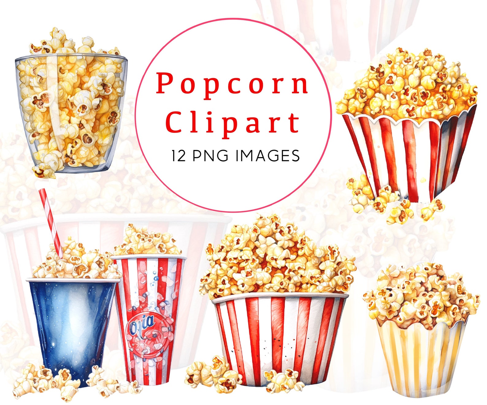 12 Watercolor Popcorn Clipart in Transparent PNG Format. Popcorn ...