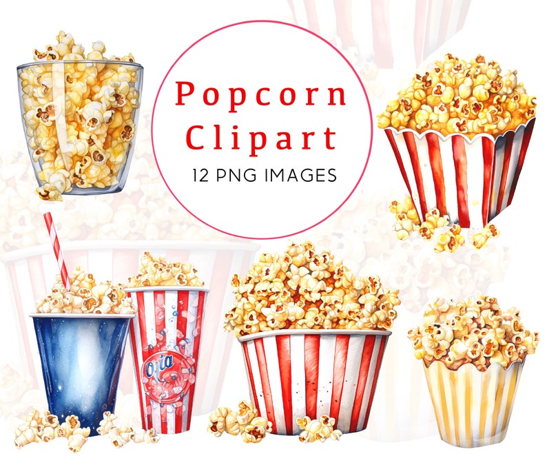 12 Watercolor Popcorn Clipart in Transparent PNG Format. Popcorn ...