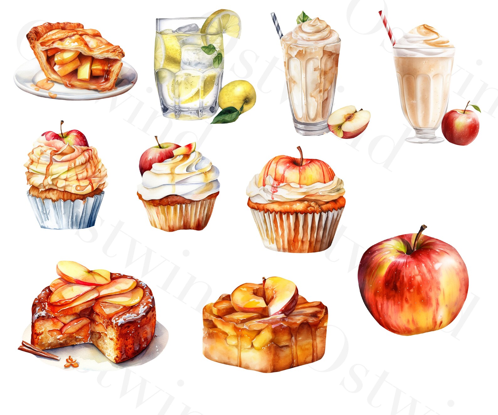 Watercolor Apple Clipart. Digital PNG Apple Pie, Apple Waffle, Apple ...