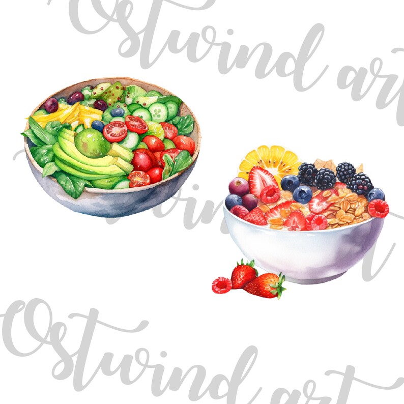 Watercolor Healthy Bowl Clipart Bundle, Fruit Bowl Digital Images ...