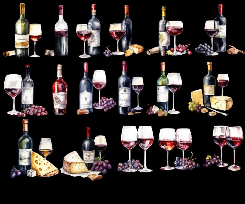 Set of 17 Watercolor Wine Clipart in Transparent Png Format. Alcolhol ...