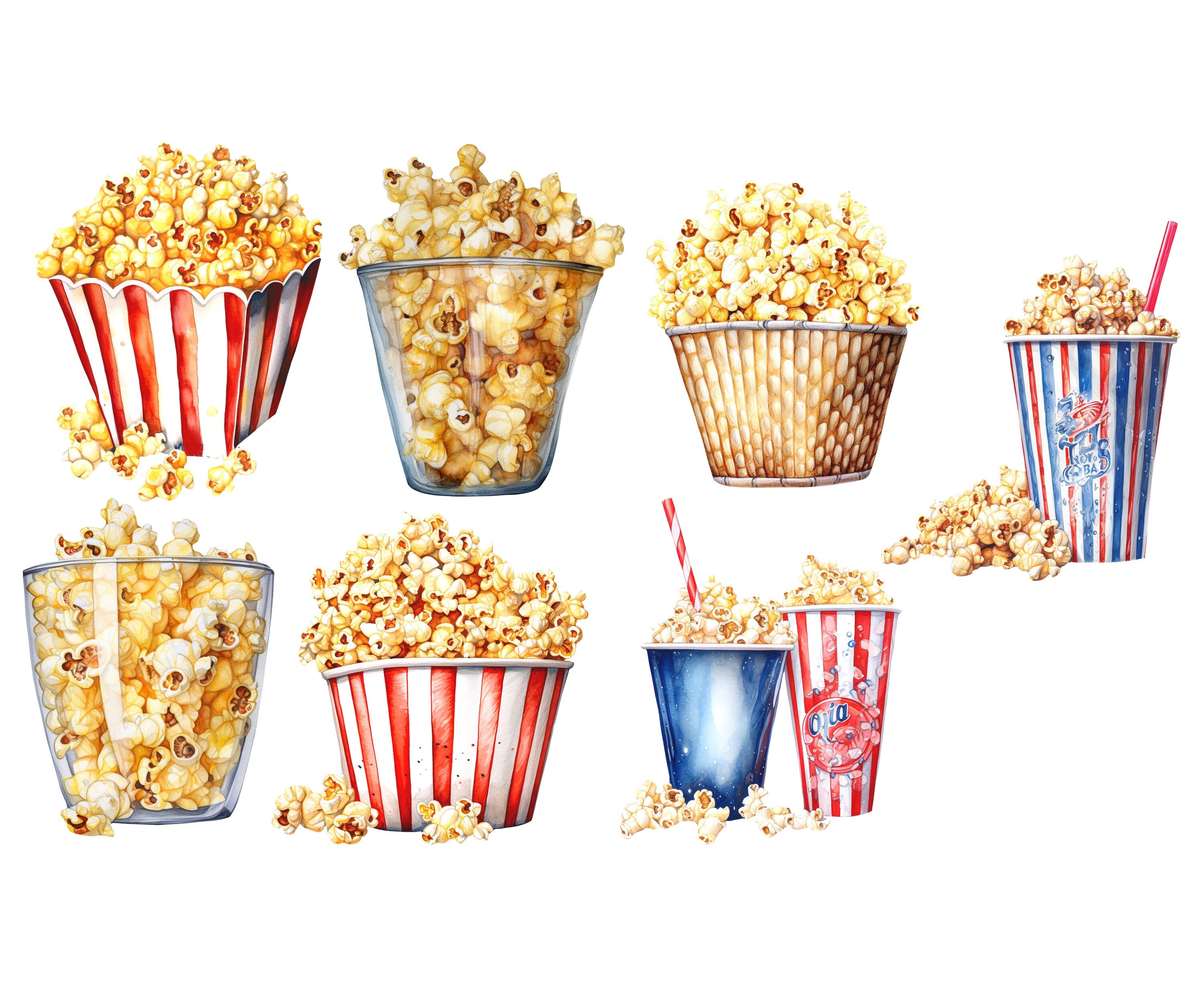 12 Watercolor Popcorn Clipart in Transparent PNG Format. Popcorn ...