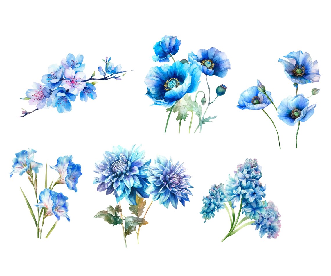 Watercolor Blue Floral Clipart. Blue Flower PNG. Pastel Blue Rose PNG ...