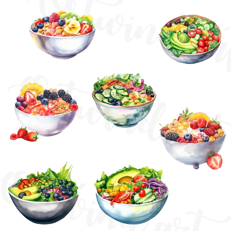 Watercolor Healthy Food Clipart Bundle Fruit Bowl Digital - Etsy