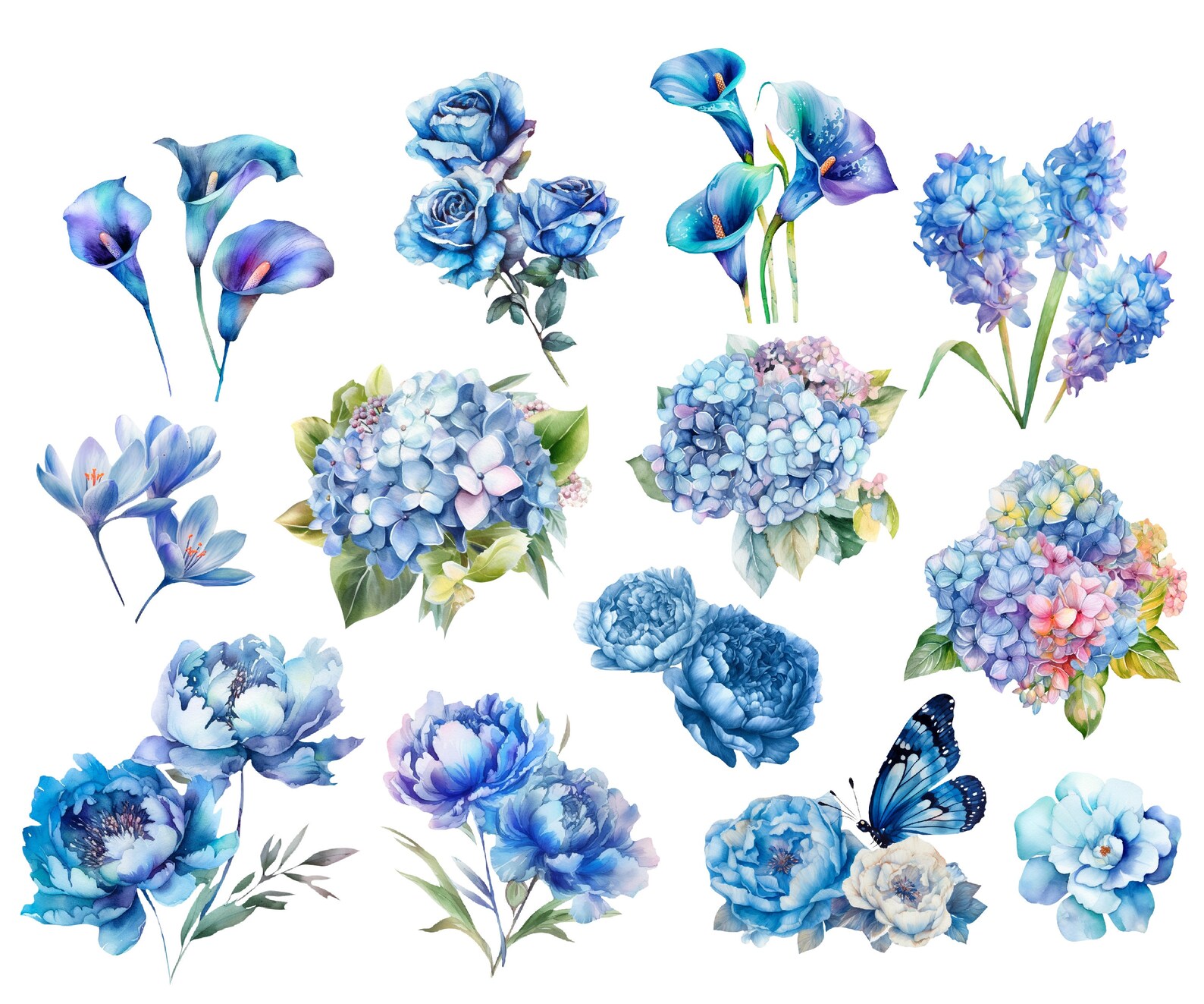 Watercolor Pink Flowers Clipart. Wildflowers Arrangement. Blue Roses ...