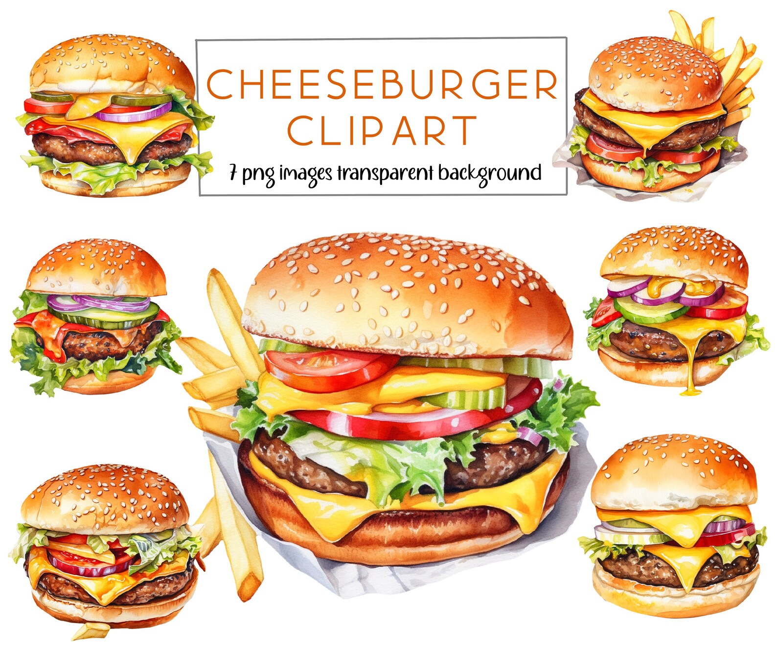 Watercolor Cheeseburger Clipart. Hamburger Clipart Bundle. - Etsy