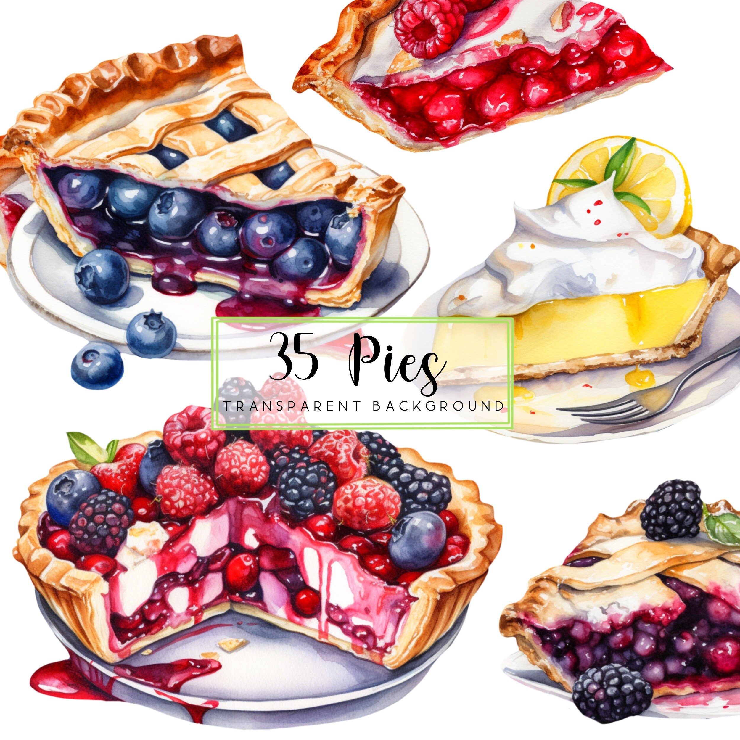 Watercolor Slices Pies Bundle Clipart, Pie Clipart PNG, Baking Clipart ...