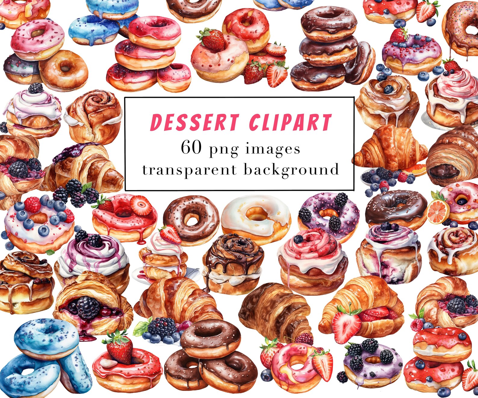 Sweet Treats Watercolor Clipart. Tasty Desserts. Donuts. Croissant ...