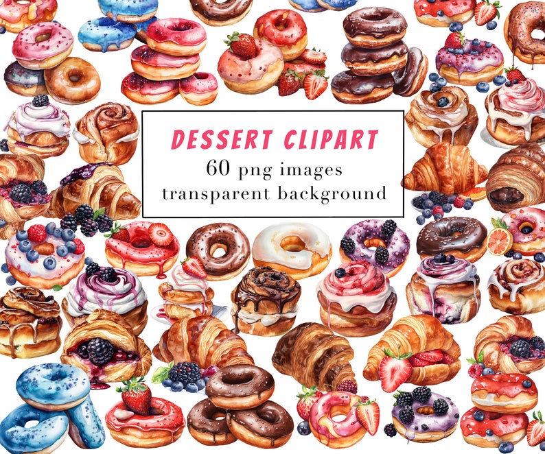 Sweet Treats Watercolor Clipart. Tasty Desserts. Donuts. Croissant ...