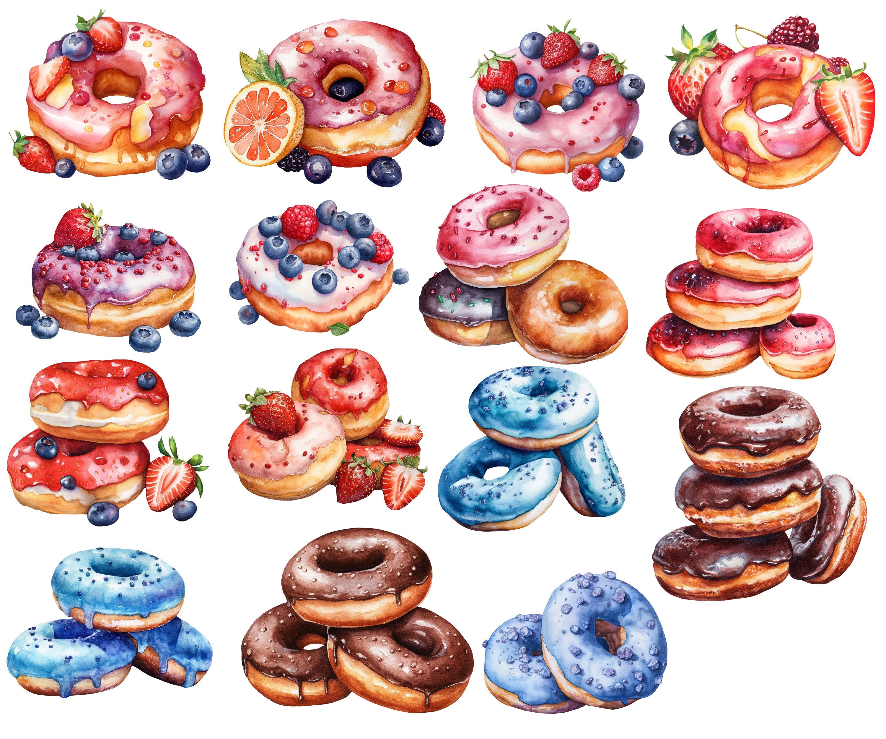 Watercolor Donut Clipart. Sweet Food Clipart. Commercial Use. Instant ...